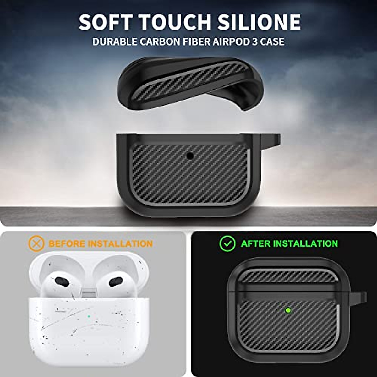 Aiiko Airpod 3rd Generation Case, Airpods Gen 3 Case for Men with Keychain Carbon Fiber Military Armor Series Protective Air Pods Case Cover for Apple Airpods Third Generation Charging Case- Black