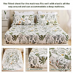 QSH 100% Cotton Sheets for Queen Size Bed, Yellow Flowers Plant Pattern Botanical Luxury Cotton Printed Floral Bedding Sheets Queen Soft and Breathable 4pcs Deep Pocket Queen Sheet Set