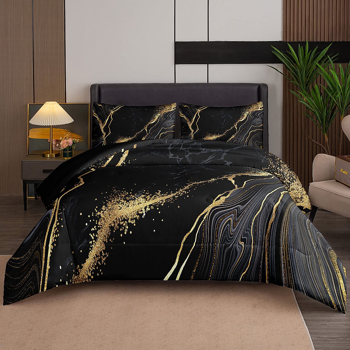 Tailor Shop Marble Bedding Set Soft Microfiber Black and Gold Comforter Set Queen Size for Kids Men and Women with 1 Marble Comforter and 2 Pillowcases…
