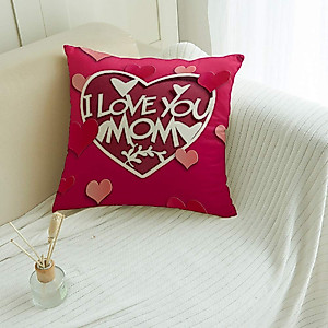 Roses Garden Throw Pillow Cover I Love You Mom Red Heart Pattern Pillow Case Square Cushion Cover Super Soft Brushed Fabric Room Decor Pillowcase for Home Couch Sofa Bed, 18" x 18"