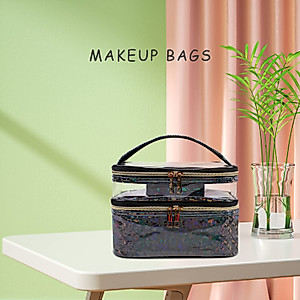 imerelez Double-layer Makeup Bag Cosmetic Bag Travel Makeup Cases Organizer Toiletry Bag Gift for Girls Women, Portable Waterproof (Black)