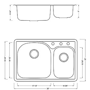 CozyBlock 33 x 22 x 8 Inch 70/30 Offset Top-mount/Drop-in Stainless Steel Double Bowl Kitchen Sink with Strainer - 18 Gauge Stainless Steel-3 Faucet Hole