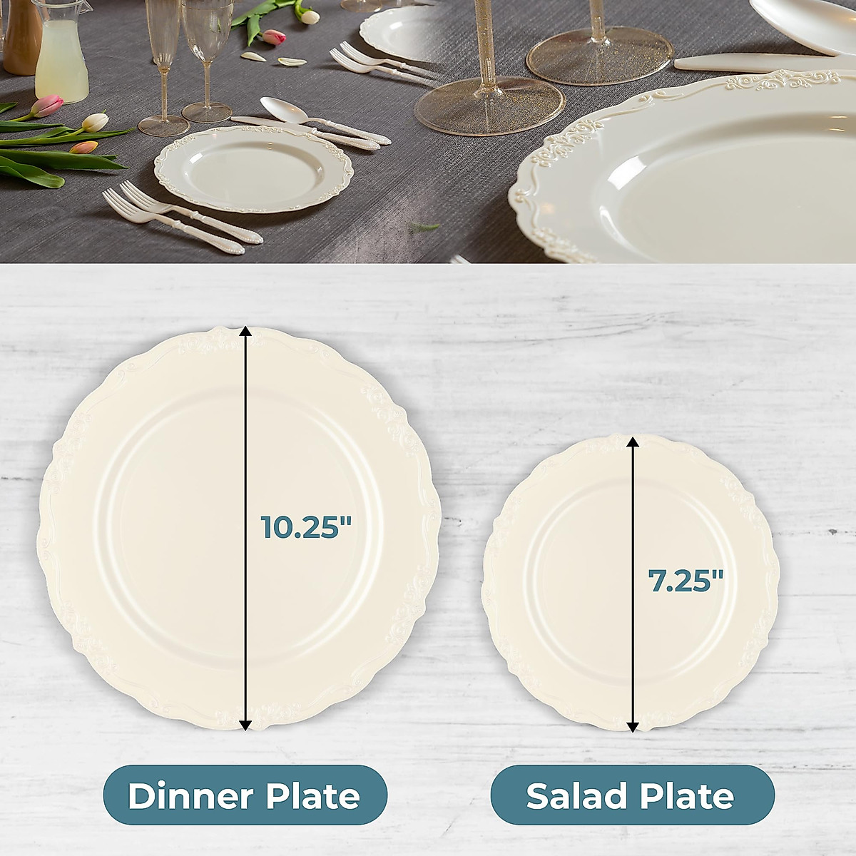 Posh Setting Disposable Plastic Plates Set - Heavy Duty Vintage Plastic Plates - Ivory Vintage Disposable Dinnerware Sets with 30 Appetizer Plates & 30 Plastic Dinner Plates for Wedding (60 Pack)