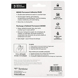 Tombow 62207 MONO Permanent Adhesive Refills, 3-Pack. Easy to Use Refills for a Strong, Instant Bond