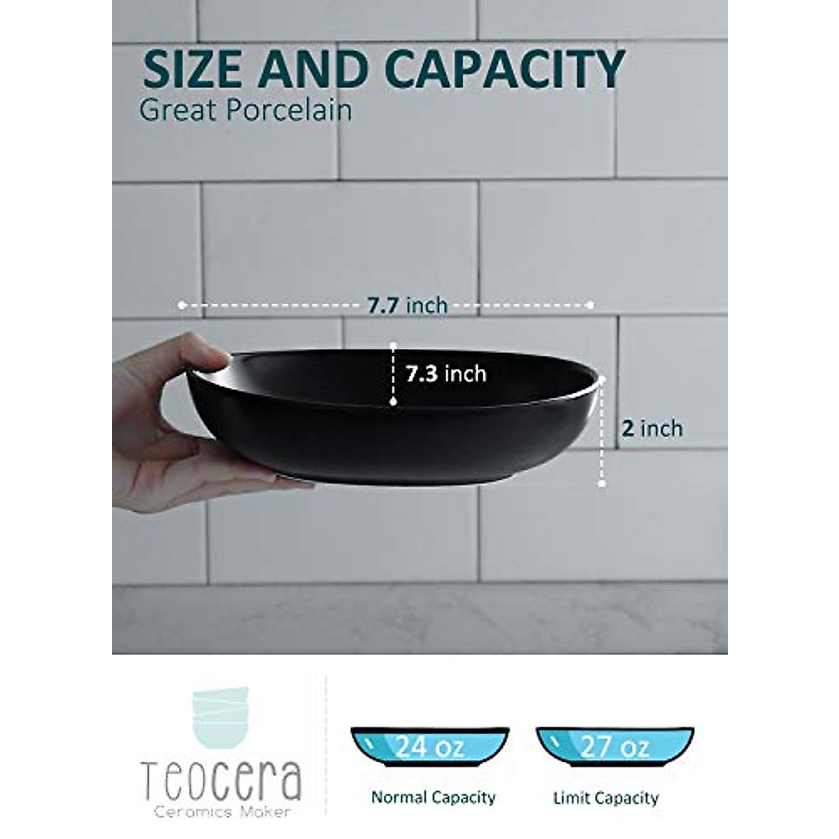 Teocera Wide and Shallow Porcelain Salad and Pasta Bowls Set of 6-24 Ounce Microwave and Dishwasher Safe Serving Dishes, Matte Black