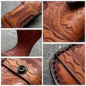 MiOYOOW 4.7" Pocket Knife Pouch, Carved Folding Knife Holster Horizontal/Vertical Leather Knife Holder for Camping Hunting Jungle Exploration