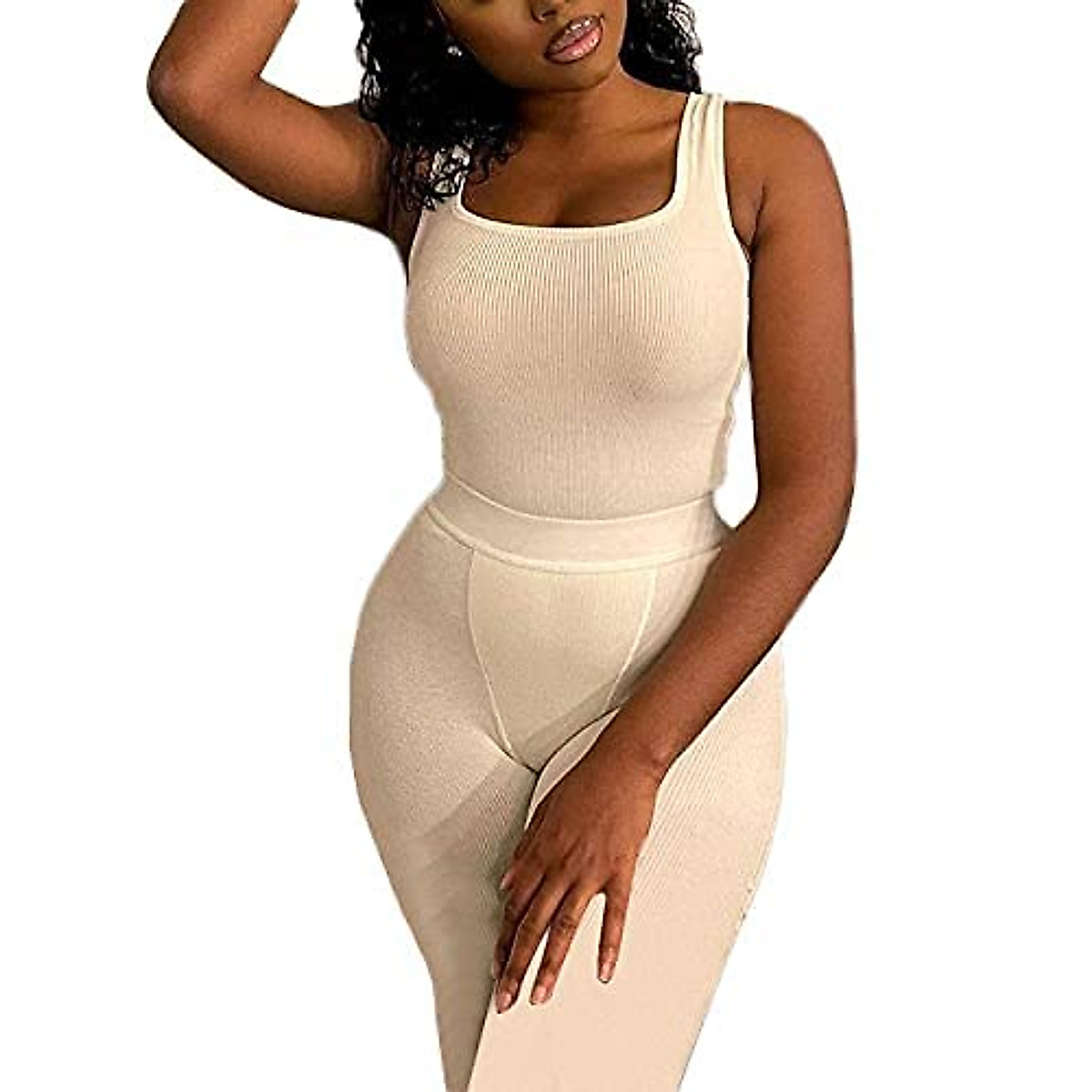 LICOBOD Casual Workout Sets 2 Piece Outfits for Women Ribbed Crop Tank Top High Waist Yoga Leggings Lounge Wear Tracksuit