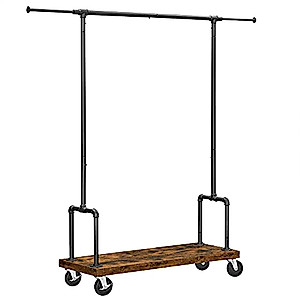 VASAGLE Rolling Clothes Rack, Garment Rack for Hanging Clothes with Wheels, Hanging Rail and Shelf, Heavy-Duty, Industrial Pipe Design, Rustic Brown and Black URGR110B01