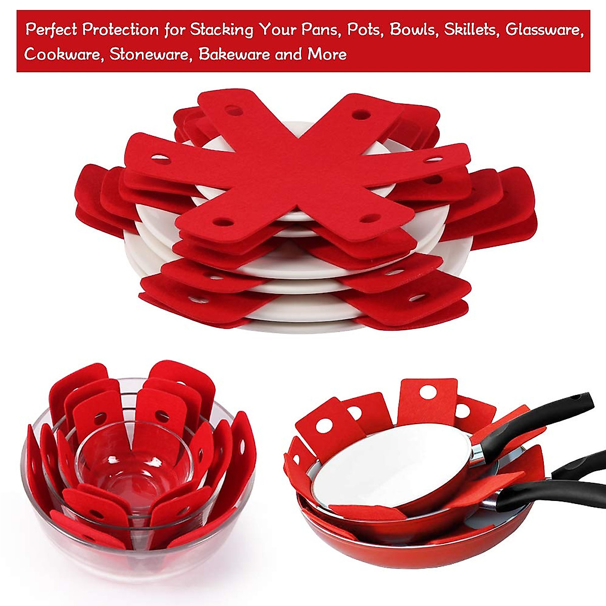 Pot Pan Protectors, Set of 12 and 4 Different Sizes, Larger & Thicker Red Pan Protector Pads, Pan Pot Separator Pads for Stacking and Protecting Your Cookware(10/12/14/16inch)