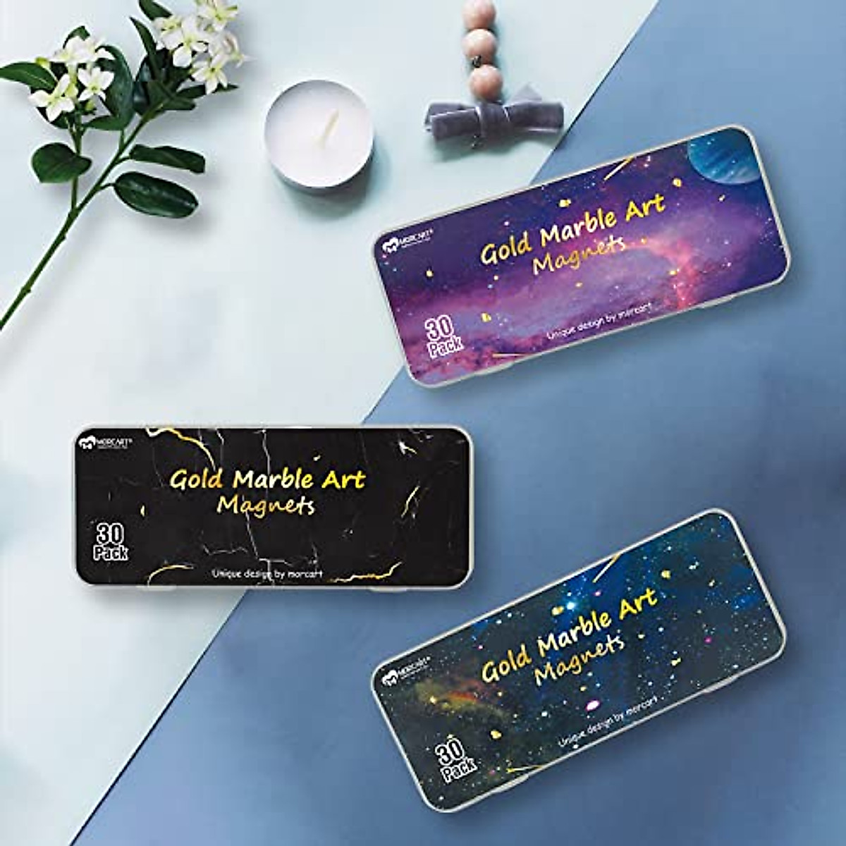 MORCART Fridge Magnets, Cute Locker Magnets, Decorative Magnets for Refrigerator Whiteboard Cabinet Office Kitchen Blackboard Bronzing Art Gift for Adult Hexagon 30PCS (Blue)