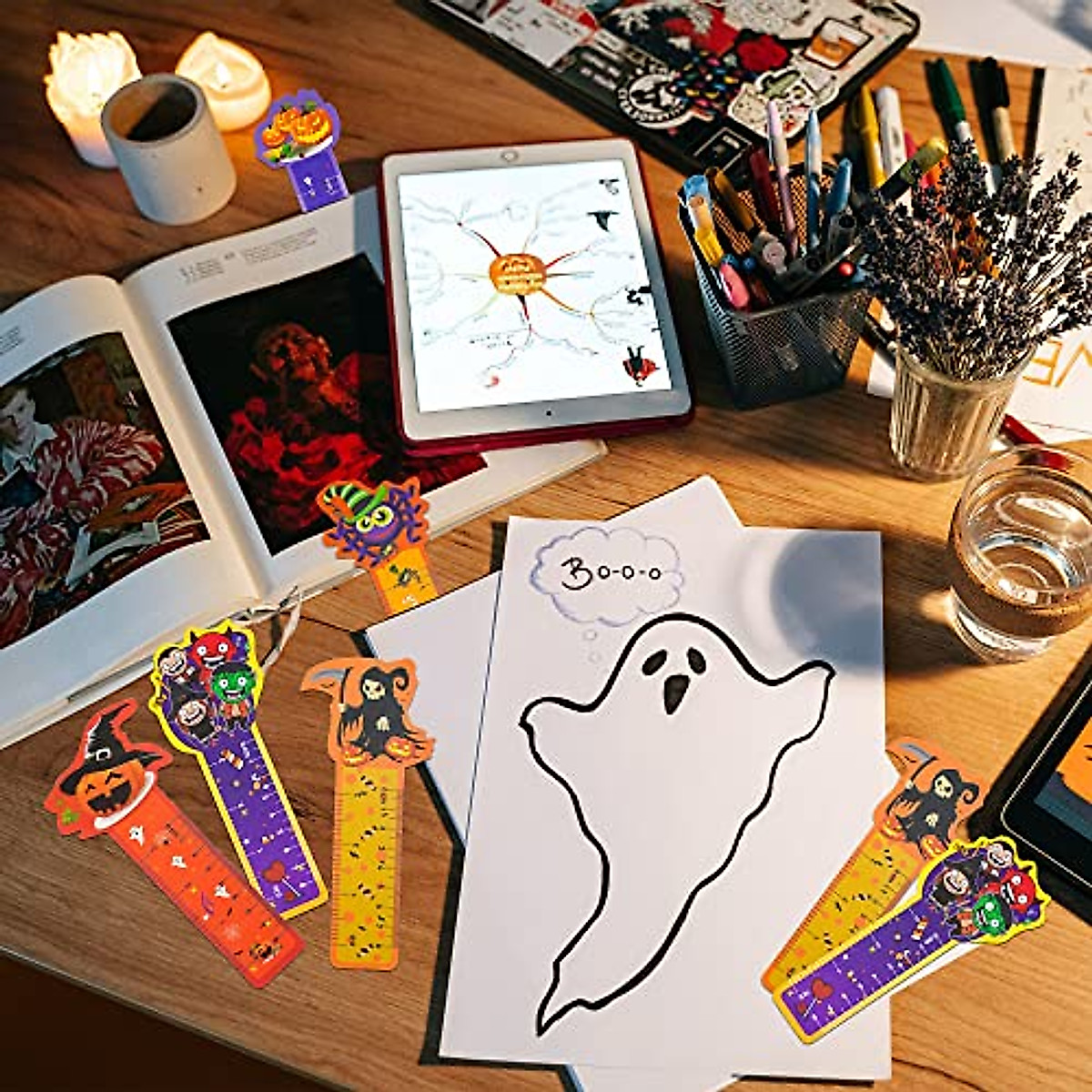 50 Pcs Halloween Bookmarks, Halloween Bookmark Ruler Pumpkins Ghost Skulls for Trick or Treat Prizes, Halloween Party Décor, Classroom Rewards, 10 Designs