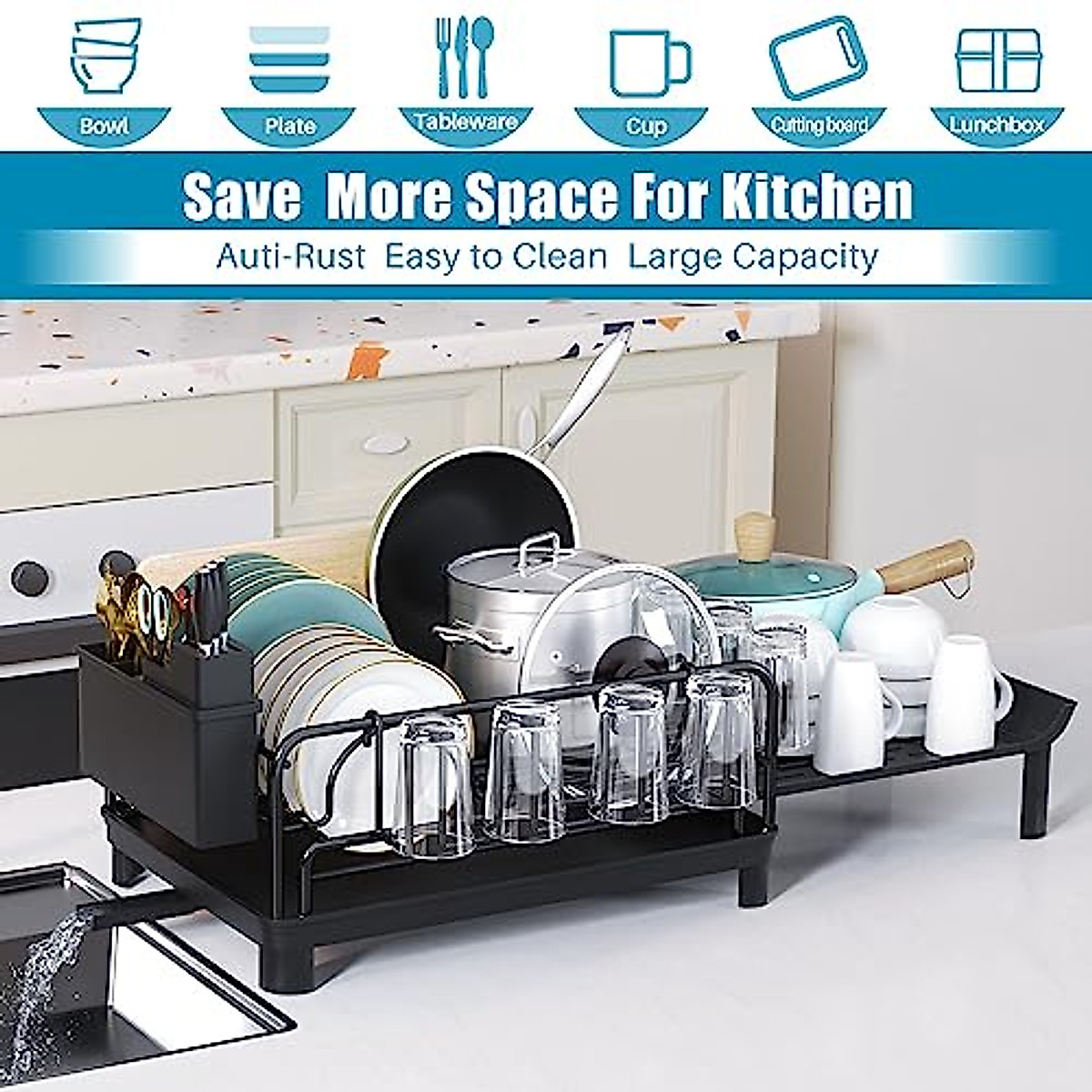 caktraie Dish Drying Rack - Expandable Dish Rack for Kitchen Counter, Rust-Proof Kitchen Dish Drying Rack with Utensil Holder, Cups Holder, Black