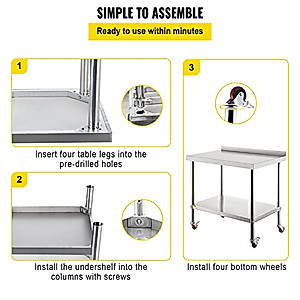 VEVOR Stainless Steel Prep Table, 24 x 15 x 35 Inch, 440lbs Load Capacity Heavy Duty Metal Worktable with Backsplash Adjustable Undershelf & 4 Casters, Commercial Workstation for Kitchen Restaurant