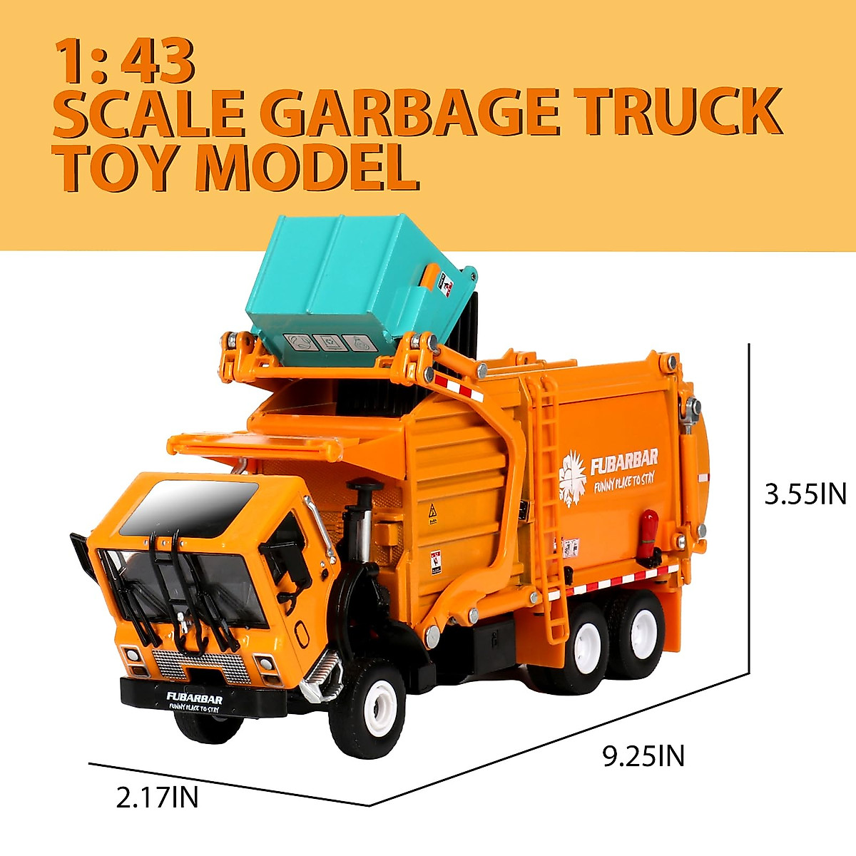 Garbage Truck Toys, Fubarbar 1:43 Bruder Tonka Trash Trucks Model for Boys Metal Diecase Waste Management Front Loader Die Cast Recycling Dumpster Truck Toy for 3 4 5 6 Years Old(Orange)