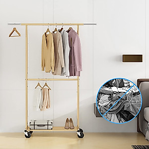 Simple Trending Standard Clothing Garment Rack, Rolling Clothes Organizer with Wheels and Bottom Shelves, Extendable, Golden Yellow