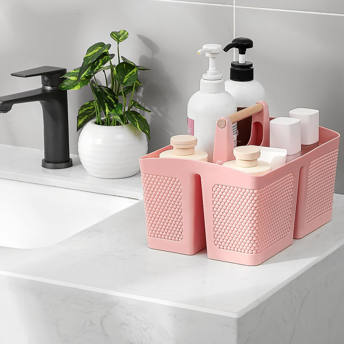 rejomiik Portable Shower Caddy Basket Plastic Cleaning Caddy Organizer Storage Tote with Handle for Bathroom, College, Dorm Room Essentials, Pink