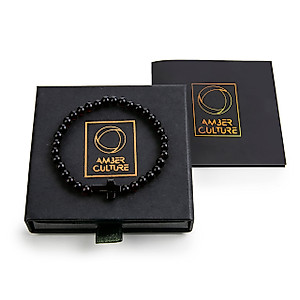 Amber Culture Amber Cross Bracelet - Handmade 5mm Beads 100% Baltic Natural Baltic Amber Stone - Stretch Unisex with Gift Box Dark Cherry Color