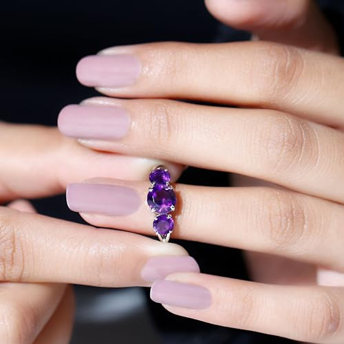 Natural Certified Amethyst 3 Stone Engagement Ring, AAA Quality, Past Present Future Ring - With Jewelry Box, 14K White Gold, Size:US 9.00
