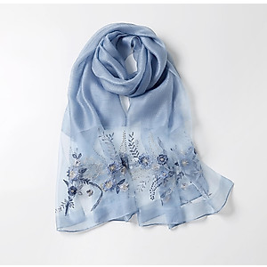 Jeelow Silk Wool Fashion Scarf Shawl Wrap Lightweight Sheer For Women Floral Embroidery Wedding Party Prom (Blue Floral)