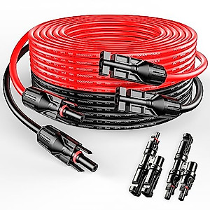 RICH SOLAR 10 Gauge 10AWG One Pair 50 Feet Red + 50 Feet Black Solar Panel Extension Cable Wire with Female and Male Connectors+T Branch Connectors (50FT 10AWG+T2)