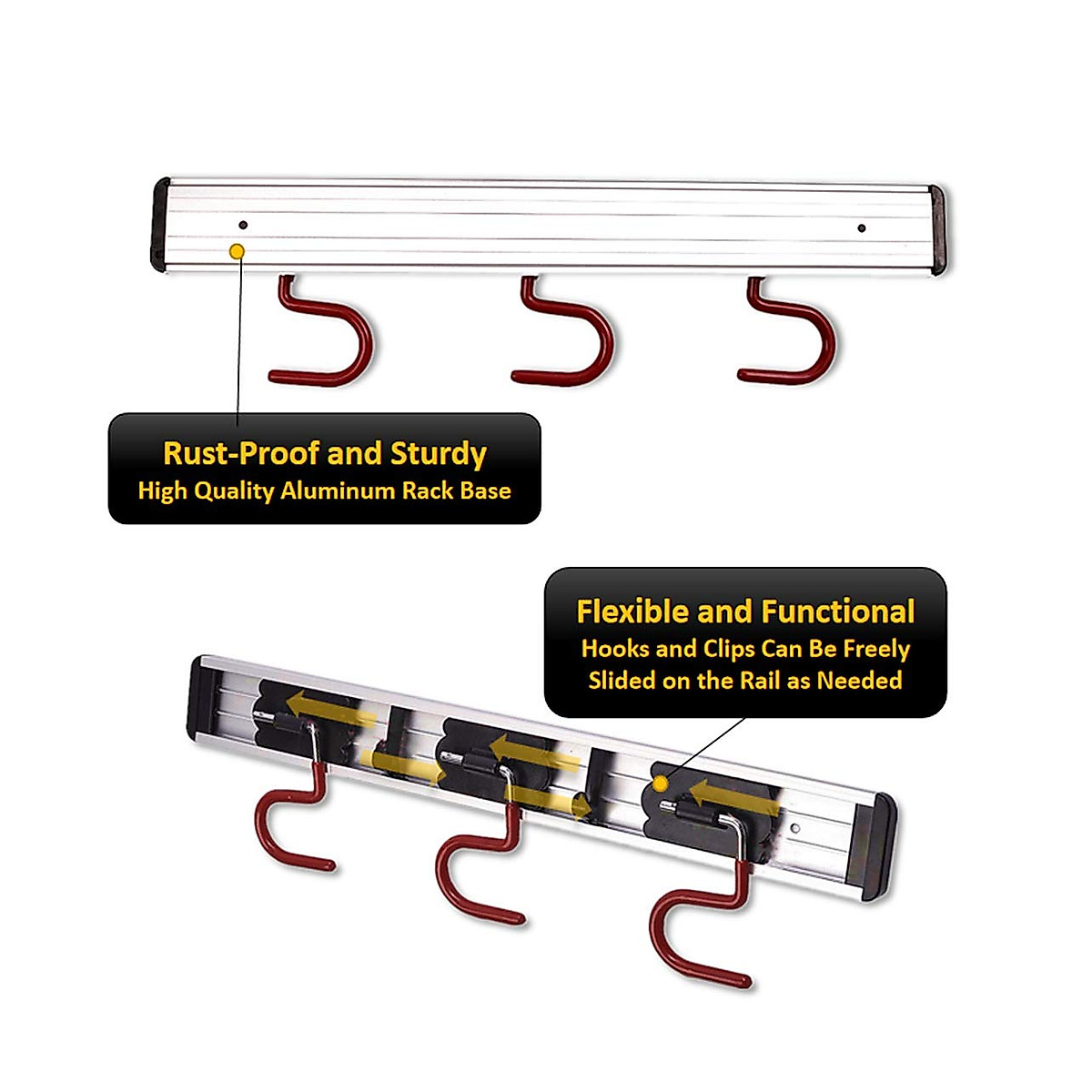 Mop Broom Holder Wall Mount QBOSO Aluminum Metal S Type Cleaning Tool Organizer Hanger Rack for Kitchen Garage Garden Holds Up to 5 Tools 17 In (3 Positions 2 Hooks Red black)