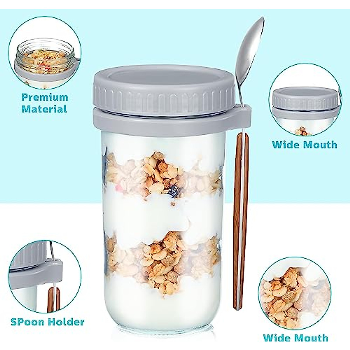 YehTrum Overnight Oats Containers with Lids and Spoon, 2 Packs 22 oz Glass Mason Jars for Overnight Oats, Large Capacity Oatmeal Container Mason Overnight Oats Jars for Milk, Cereal, Fruit
