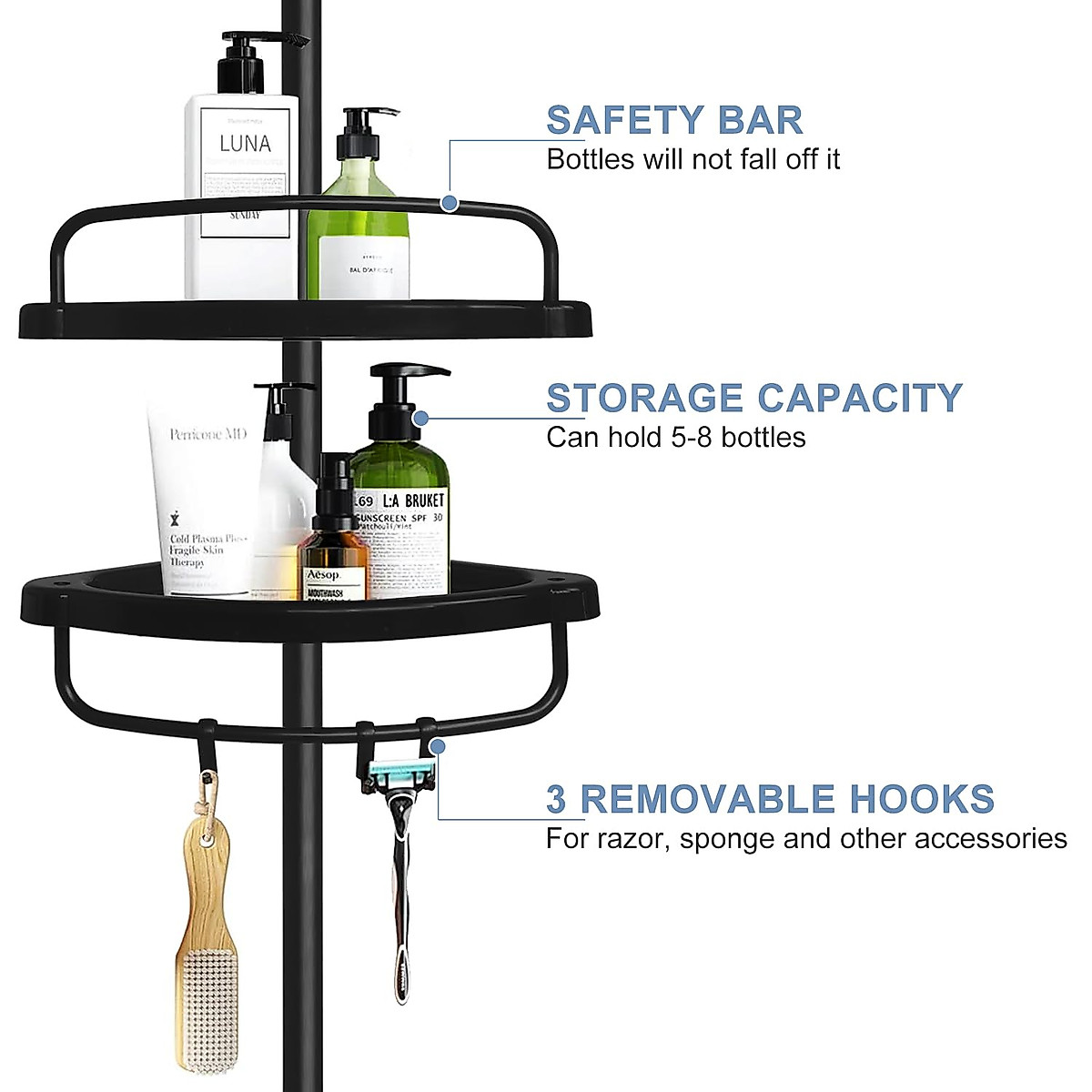 H-A Strong Shower Storage Caddy,SturdyTension Corner Pole Caddy,Commercial Grade Rustproof Bathroom Bathtub Adjustable Corner Rack (Black)