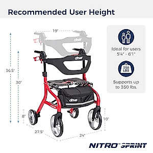 Drive Medical Nitro Sprint Foldable Rollator Walker with Seat, Standard Height Lightweight Rollator with Large Wheels, Folding Rolling Walker, Walker Rollator with Seat, Red