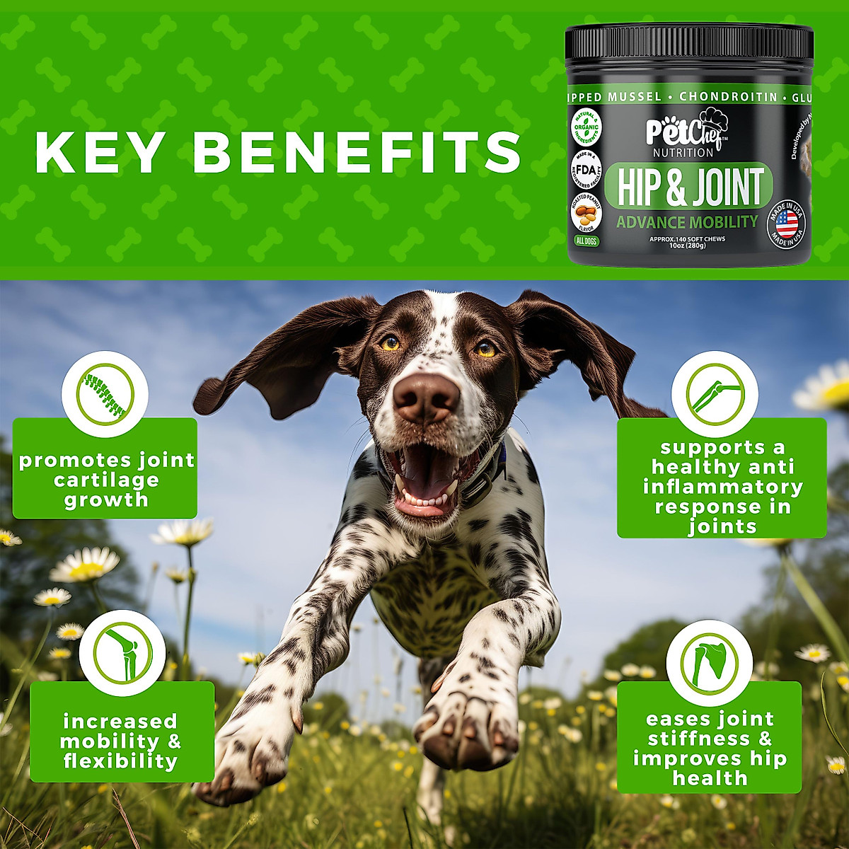 Pet Chef Advanced Dog Hip & Joint Supplement Treat - Glucosamine, Chondroitin & Turmeric MSM Breeds-Reduce Pain, Inflammation & Arthritis. Super Dog Hip & Joint Treat. Renews All Dogs.