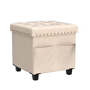 Brakki Storage Ottoman Cube Square Ottoman Foot Rest Cube with Side Pocket,15.7 Inches Storage Bench for Bedroom Living Room Linen Fabric with Wooden Legs Folding Beige Ottoman