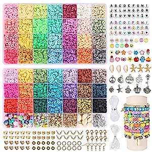 QUEFE 12900pcs Clay Beads for Bracelet Making 49 Colors Spacer Heishi Beads Flat Round Polymer Clay Beads for Jewelry Making Kit with Smiley Fruit Flower Beads Pendant Charms Kit and Elastic Strings