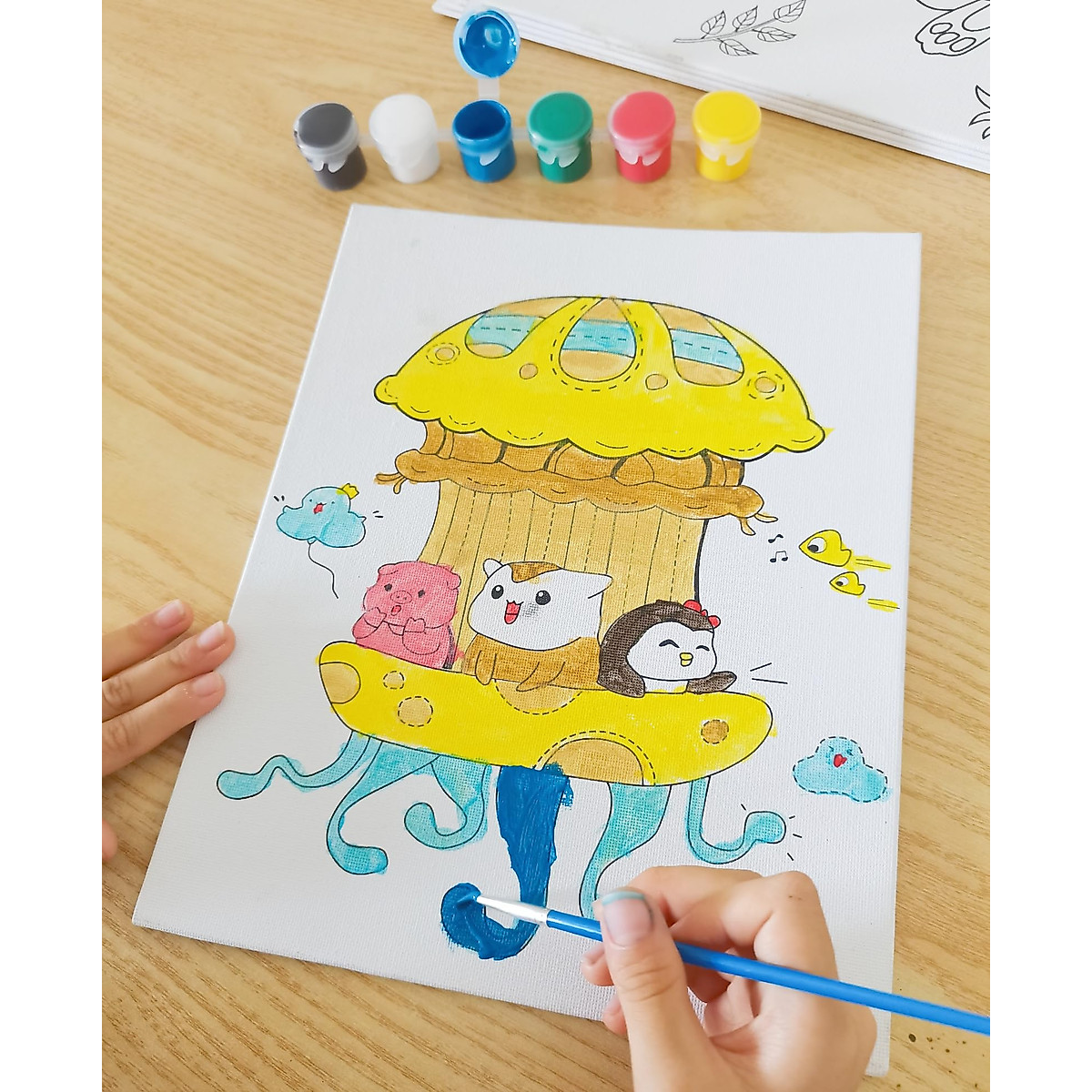 Aosemili Kids Predrawn Canvas for Painting - 6 Packs 8x10 in Painting Canvas Panels Acrylic Paint Set with 12 Paints 10 Brushes for Girls Boys and Beginners