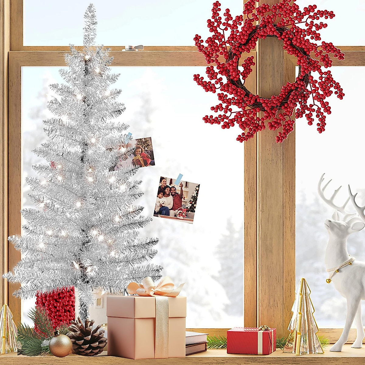 Liguanow 4ft Artificial Christmas Tree with Lights, Indoor & Outdoor Christmas Tree with 50 Warm White Lights, Xmas Pine Tree for Home Office Party Decor, Silver Tinsel