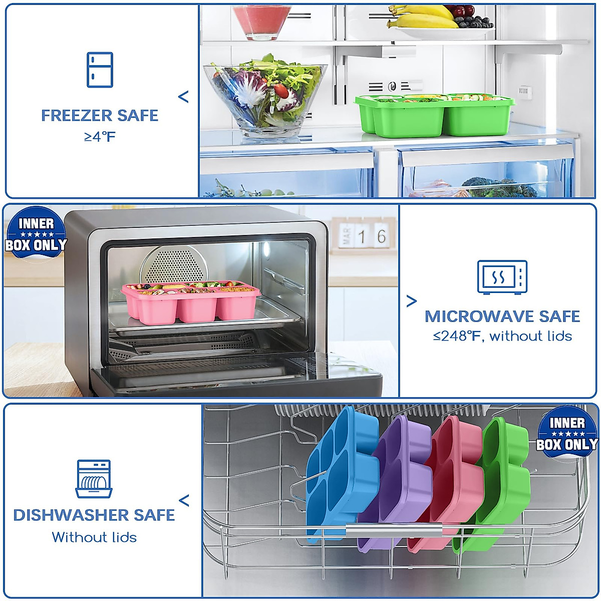 KHOXU Bento Lunch Box, 5 Compartment Meal Prep Container, Reusable, Durable, Stain-Resistant, Microwave & Dishwasher Safe, Blue/Purple/Green