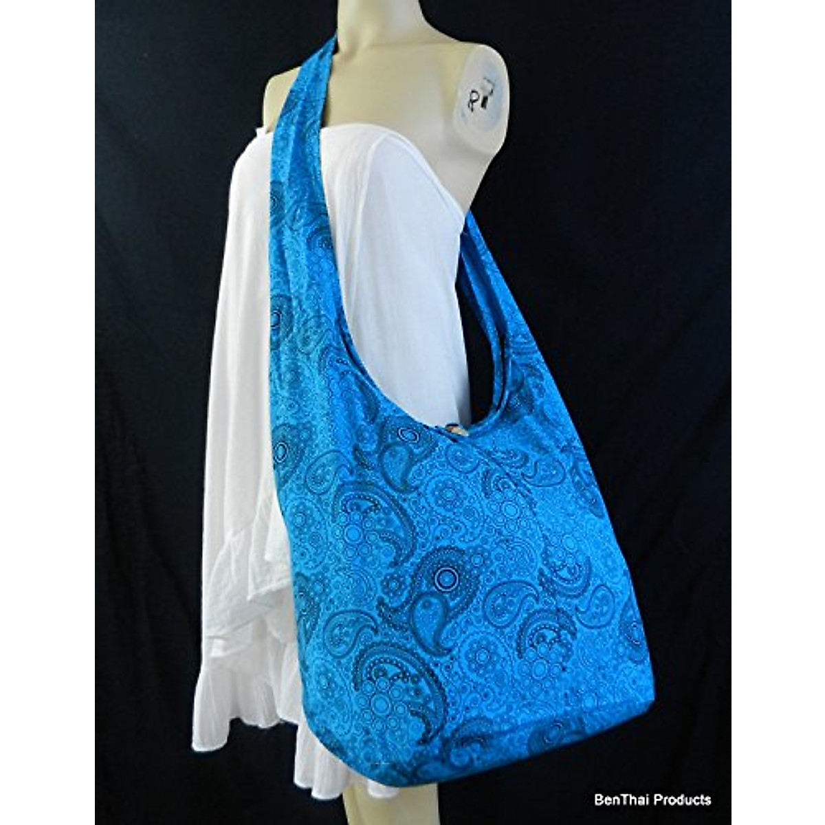 BTP! Thai Cotton Hippie Hobo Sling Crossbody Bag eco Friendly Shopping bag Paisley Print Large (SkyBlue PL42)