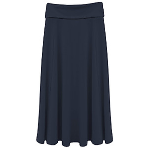 BABY O Girls Kids Basic Stretch Slinky Knit Fold Over Waist Ankle Length Long Maxi Skirt for 4 to 18 Years Old Long Skirt (Large, Navy)
