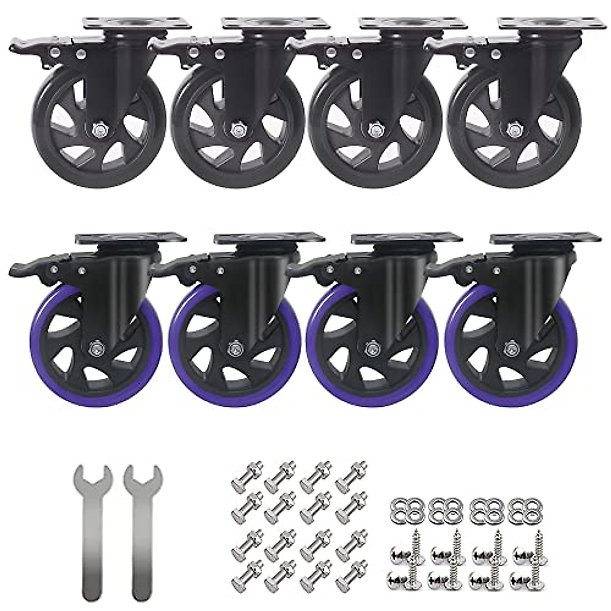5 Inch Swivel Caster Wheels Set of 8, Heavy Duty Casters with Brake, Polyurethane Locking Casters for Cart, Workbench and Trolley-Load 2200lbs, Black(Two Hardware Kits)