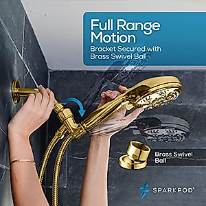 SparkPod 5 Inch 9 Spray Setting Shower Head - Handheld High Pressure Jet with On/Off Switch, Pause and Waterfall Setting- Premium ABS Removable Handheld Shower Head with Hose (Gold)