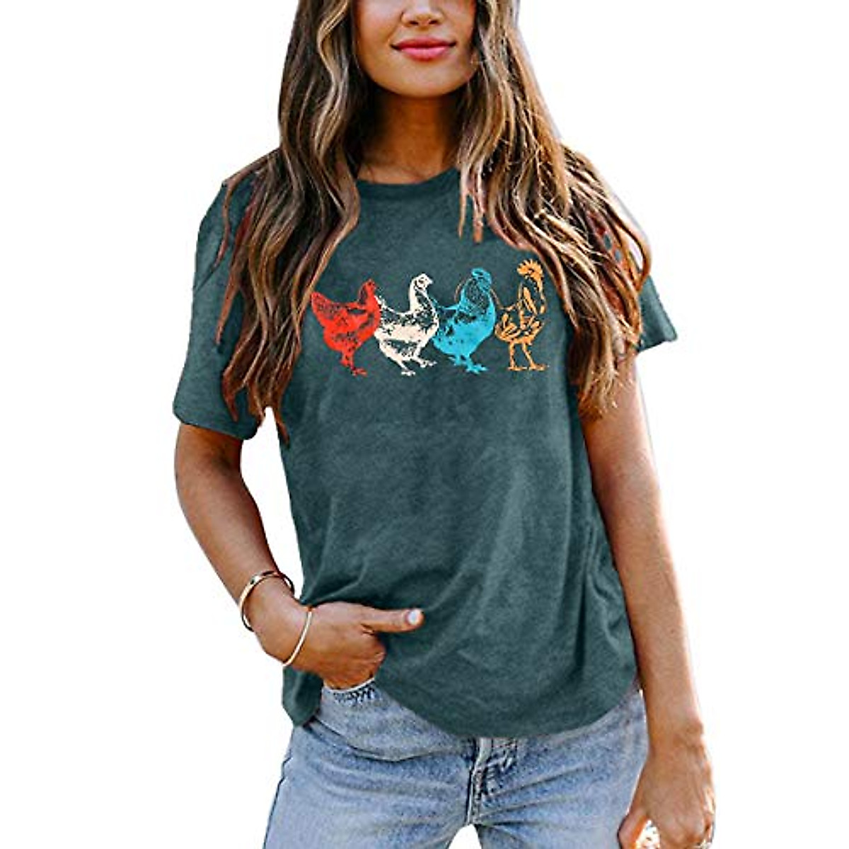 Chicken Shirt for Women Farm Tees Farm Girl T Shirt Funny Chicken Graphic T-Shirt Casual Short Sleeve Tops Green
