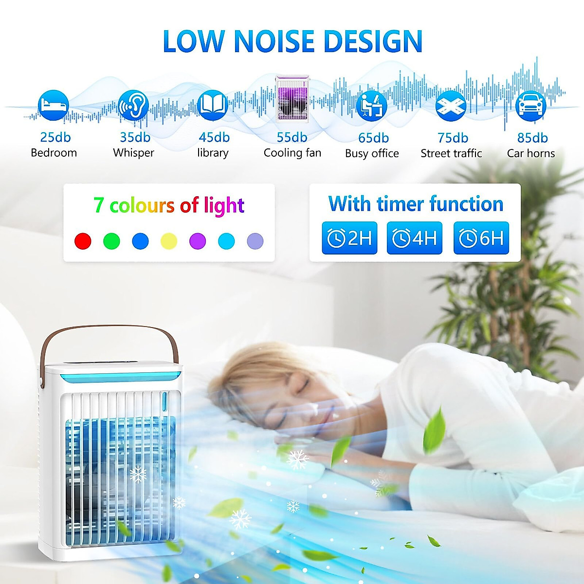 Portable Air Conditioners, Portable AC Cooling Fan with 5 Wind Speeds, 680ml Evaporative Air Conditioner, 7 LED Light, 2-8H Timer, 2 Cool Mist Air Conditioners Humidifier Fan for Home Office Room