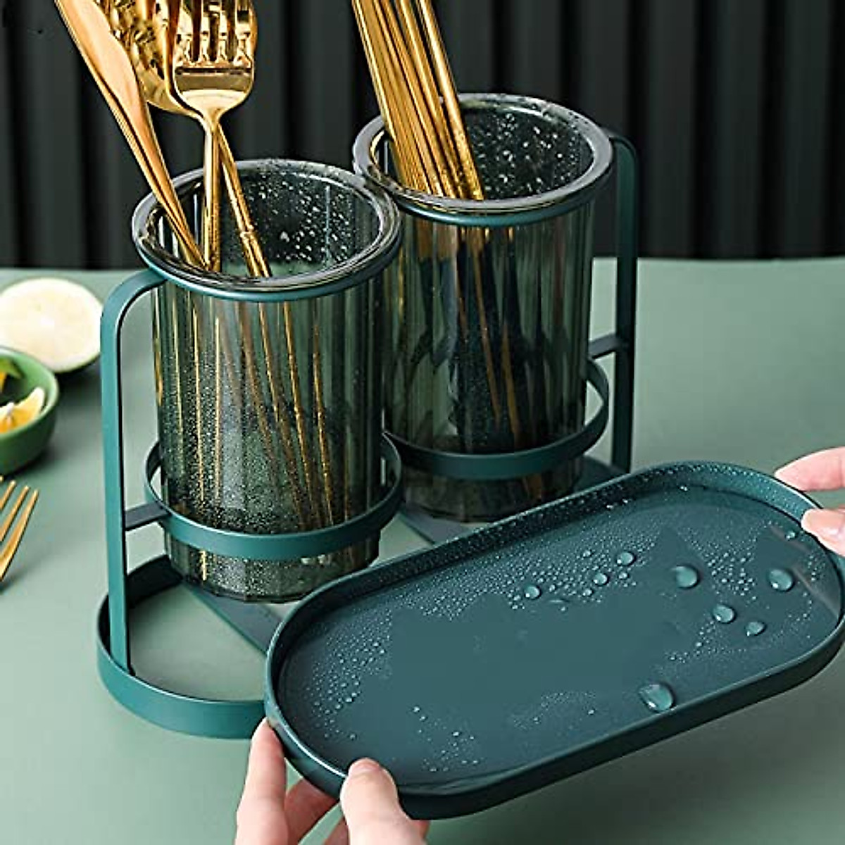 BAFAFA Kitchen Utensil Holder Household Wrought Iron Double Tube Large Capacity Drain Rack Kitchen Chopsticks Storage Rack Racks (Color : Dark Green)