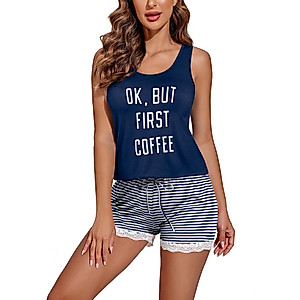 Ekouaer Womens Pajama Sets Sleeveless Tank Top and Shorts Pj Set Lace Hem Sleepwear S-XXXL Navy Blue