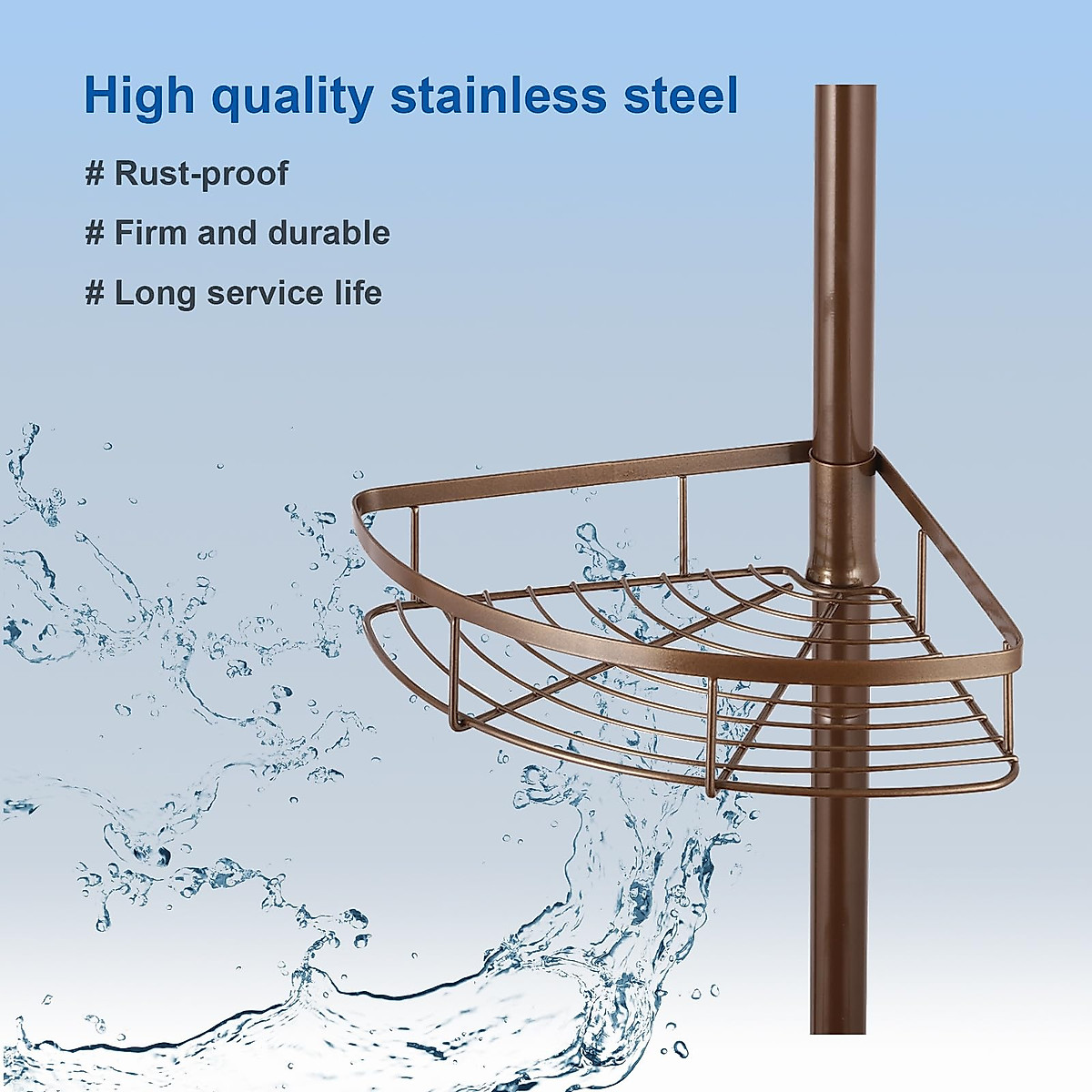 Xiarnotogi corner shower caddy tension pole, Stainless Steel bathroom organizer, 4 Baskets Bathtub Shampoo Storage Shelves for inside shower, Height Adjustable from 45 to 112 Inch (Bronze)