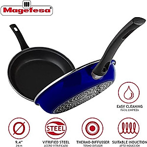 MAGEFESA Blue Frittata Pan. Double layer non-stick frying pan, vitrified steel, compatible with all types of fire, including induction, Dishwasher safe, Ergonomic handle (9,4”) (BLUE)