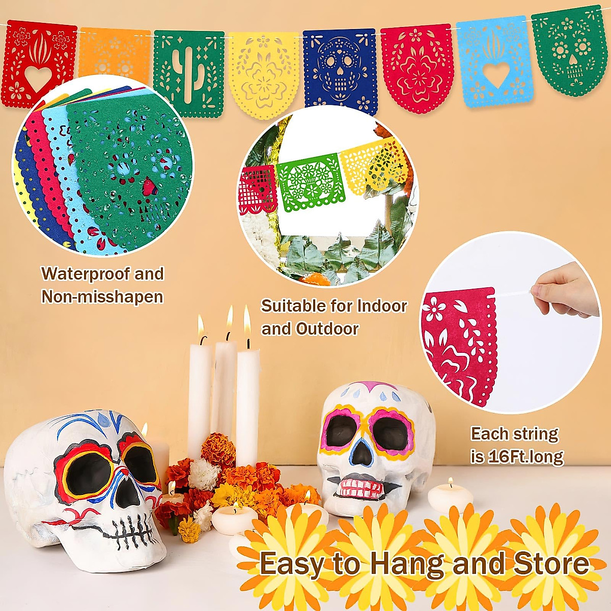 SEPGLITTER 5 Packs Mexican Party Banners, Felt Fiesta Banner Papel Picado Banners Cinco de Mayo Dia De Los Muertos Decor for Day of The Dead Wedding and Mexican Theme Party Supplies