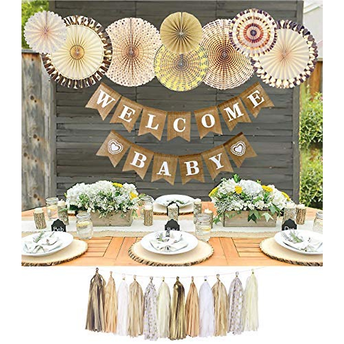 YARA Baby Shower Decorations Neutral | Woodland Rustic Boho Theme Oh Baby Decoration for Girl & Boy, Gender Reveal & Birthdays | Burlap Welcome Baby Banner, Gold & Cream Decor Paper Fans & Tassels