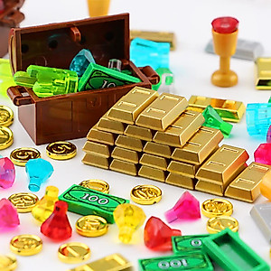 Feleph Treasure Accessories Money Building Blocks Set Jewel Chest, Gems Diamonds, Bullion Gold Tile Silver Bar, Power Crystals, Coins, Goblet, 100 Dollar Bill Cash Toy Brick