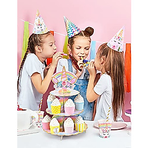 Unicorn Cupcake Stand - Unicorn Birthday Party Decorations for Girls Kids 3-Tier Cardboard Cupcake Stand Dessert Tower Holder Round Serving Tray Stand Unicorn Horn Theme Baby Shower Party Supplies