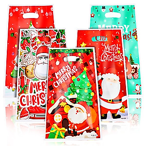 Abeillo 50Pcs Christmas Goodie Bags for Kids, Santa Claus Theme Party Favor Bags Christmas Gift Bags Medium Size Plastic Gift Bags Bulk for Kids (10 x 7Inch)