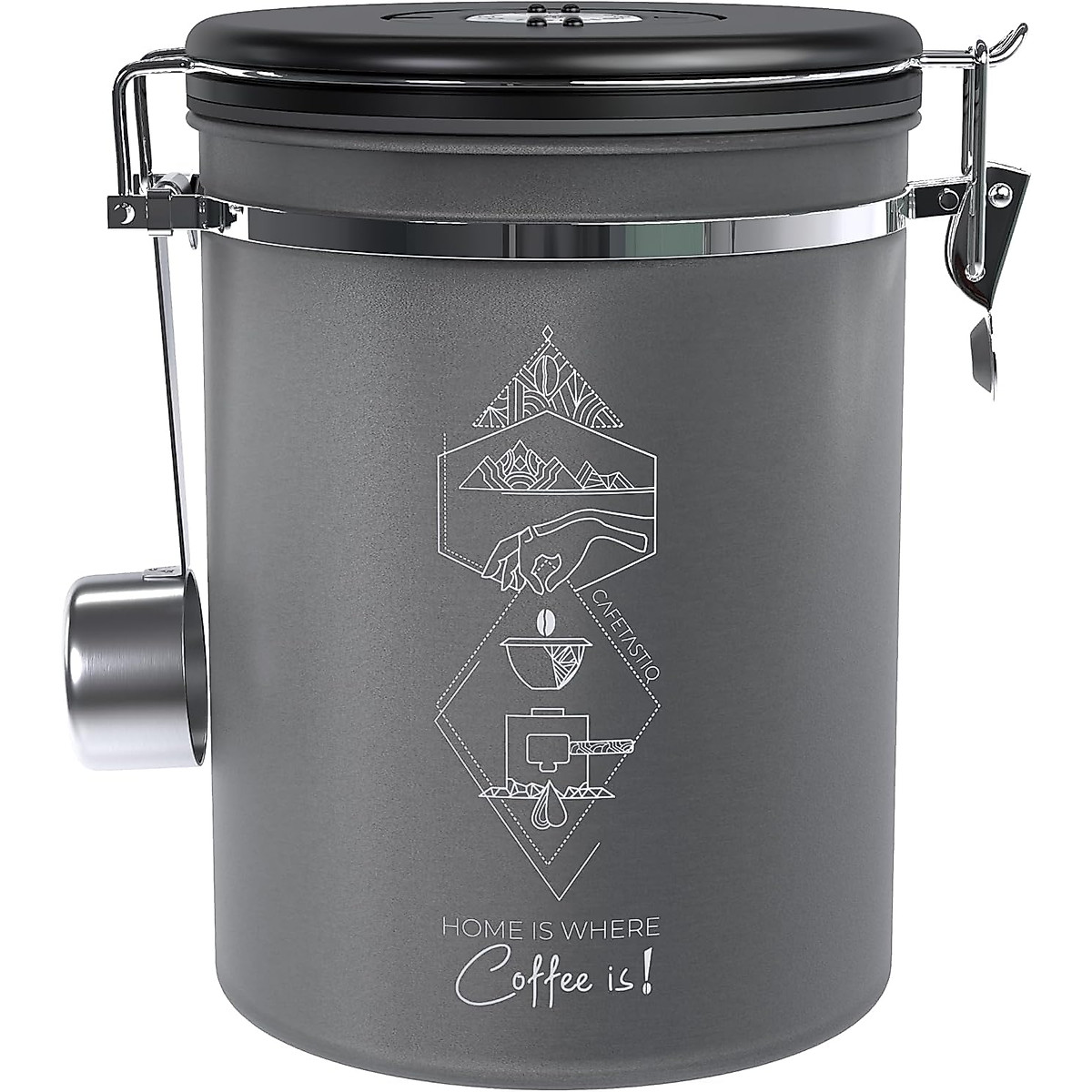 CafetastiQ 38oz / 22oz Coffee Canister – Airtight Stainless Steel Storage Container with Date Tracker & Scoop, Sealed Jar for Grounds, Beans, Tea, Flour, Cereal, and Sugar (Gray Home, 22OZ)